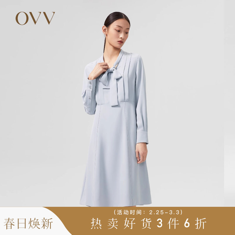 OVV春夏热卖女装大气V领质感飘带收腰哑光休闲长袖连衣裙_虎窝淘