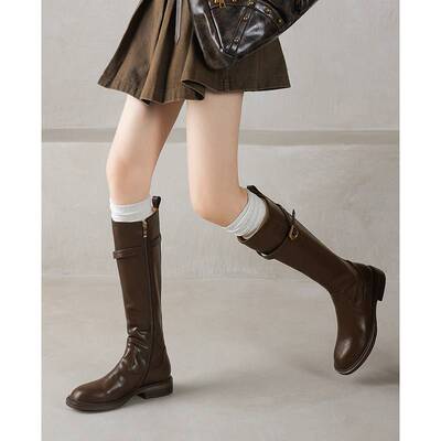 FairyWink 凯瑟小姐～！真皮粗跟皮带扣高筒骑行靴女圆头复古长靴