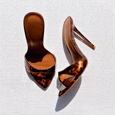 新款跨境头时装凉鞋尖头金属豹纹细跟走秀女鞋高跟鞋sandals heel