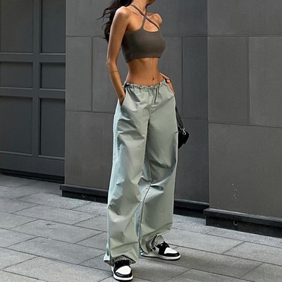 亚马逊 欧美街头时尚潮流女装简约宽松长裤 抽绳束腰休闲工装裤