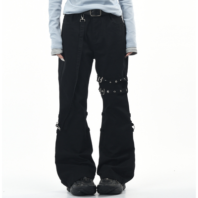 中腰美式长裤绑带设计微喇工装裤