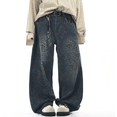 宽松长裤美式复古豹纹弯刀牛仔裤