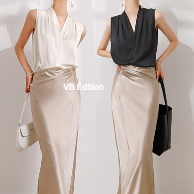 VB纯色V领背心真丝无袖上衣