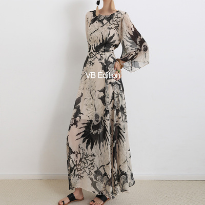 VB法式优雅收腰水墨印花连衣裙