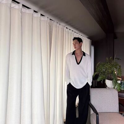 美式复古拼接撞色镂空polo针织衫V领春夏长袖时尚日系百搭上衣潮