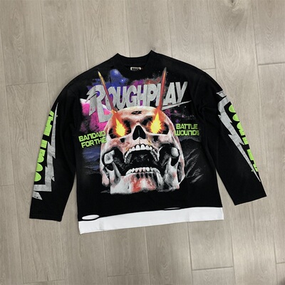 RoughPlay Power Skull Long Sleeve 街头潮牌拼接青年男女短袖