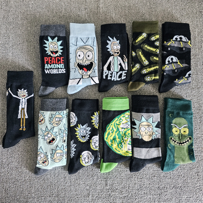 外贸棉袜子高帮瑞克和莫蒂欧美卡通男女搞怪中长筒腌黄瓜滑板薄款