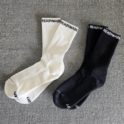 日系READY黑白纯色加厚毛巾底运动棉袜子秋冬情侣百搭中长筒潮流
