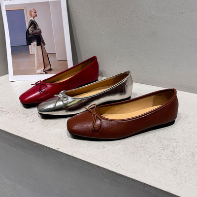 法式浅口蝴蝶结银色平底舒适单鞋