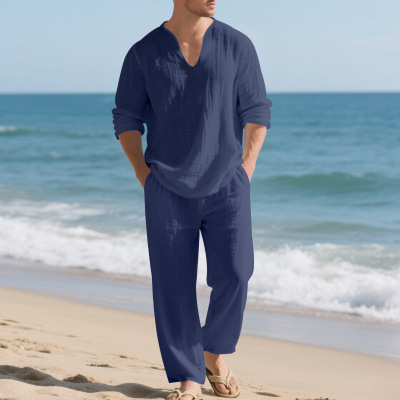 beach men's casual two pieces set v neck long sleeves pants
