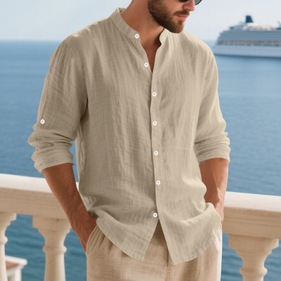 Men's stand collar linen casual long sleeved shirt T-shirts