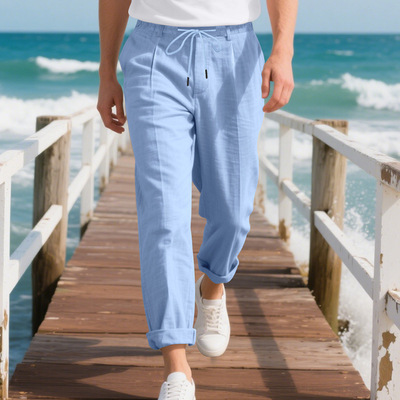 Men's casual solid linen breathable straight leg beach pants