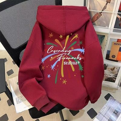 中大童国潮风烟花印花连帽卫衣秋冬款男女童新年本命年酒红色上衣