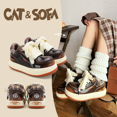 【UFO系列】猫与沙发/大头鞋厚底Q版丑萌鞋情侣低帮袋鼠鞋格纹棕