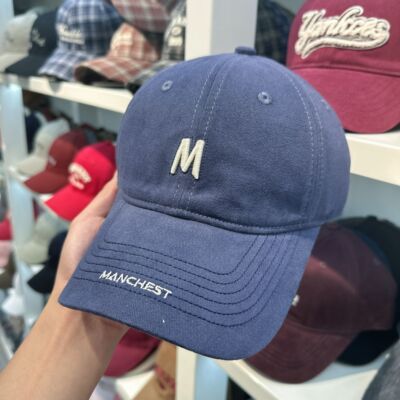 新款M字母刺绣棒球帽女复古休闲百搭做旧水洗棉宽帽檐鸭舌帽子