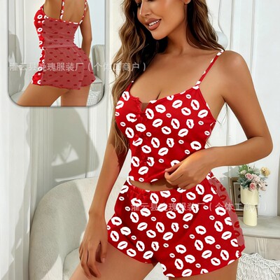 Women's Printed Mesh Seductive Lingerie Set with Front Slit