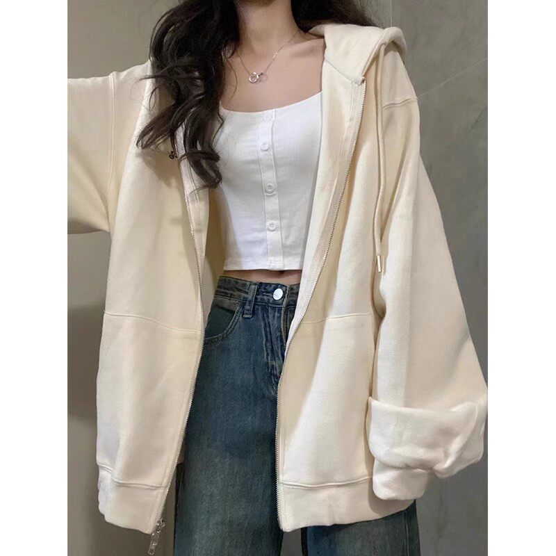美式加绒加厚运动卫衣女秋冬oversize宽松棒球服连帽拉链开衫外套