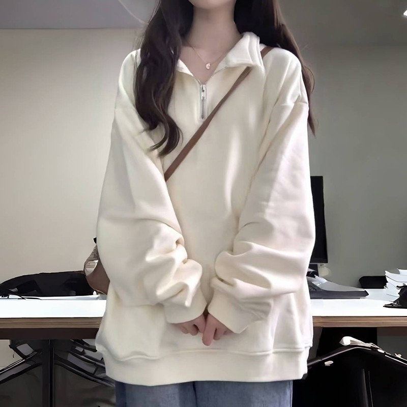 POLO领半拉链无帽卫衣女春秋oversize薄款外套欧美式宽松慵懒上衣
