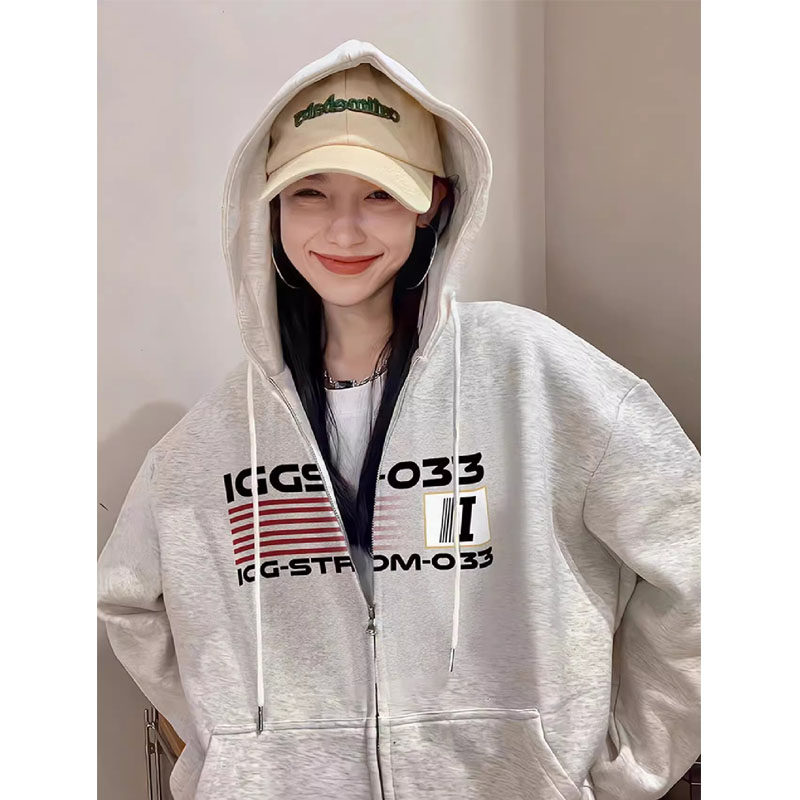 美式穿搭薄款大码卫衣女春秋oversize宽松棒球服连帽拉链开衫外套