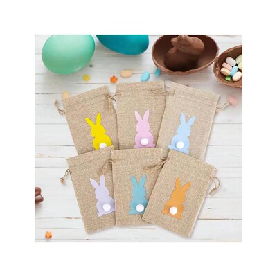 10pcs Easter Burlap Candy Bags Bunny Pattern Jute Linen Trea