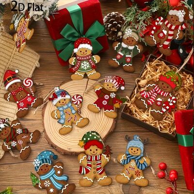 12/24pcs Gingerbread Man Ornaments Christmas Tree Wooden Han