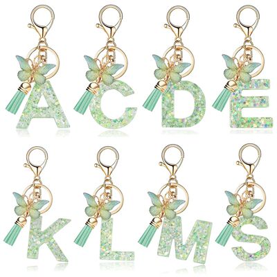 A-Z Green Color GlitterInitial Letter KeyChain Resin Butterf