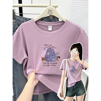 韩版洋气紫梨狗印花正肩短袖t恤女修身慵懒风微胖大码女装上衣ins
