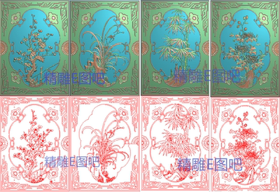 花鸟四季花精雕图浮雕书柜博古架门板办公台前板梅兰竹菊320x438