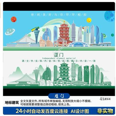 D459厦门AI矢量地标旅游建筑海报设计线稿图城市剪影手绘插画黑白