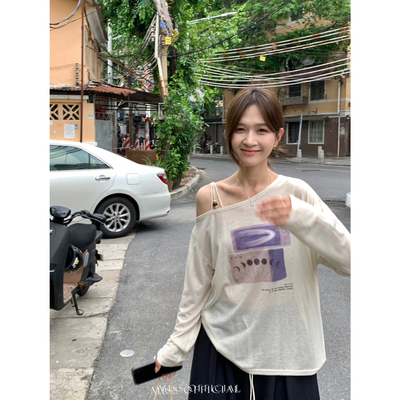 吊带图案印花亚麻舒适防晒衫