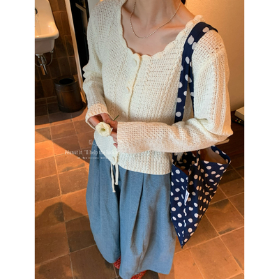 镂空单排扣针织开衫毛衣外套罩衫