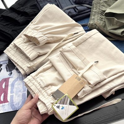 亚麻混纺日系简约休闲舒适透气松紧腰男裤夏季纯色长裤裤子S00552