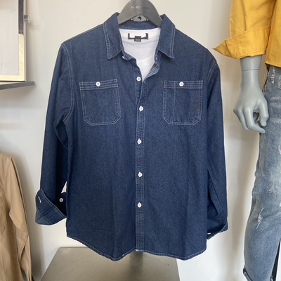 jj纯棉牛仔衬衫男春夏全棉休闲软牛仔工装潮上衣宽松水洗长袖衬衣