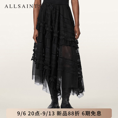 ALLSAINTS女士轻盈半身裙JEN不规则裙摆薄纱小黑裙2026秋新款