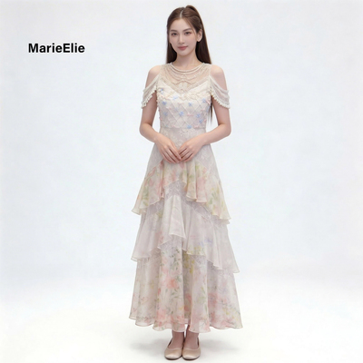 法式度假露肩碎花显瘦连衣裙