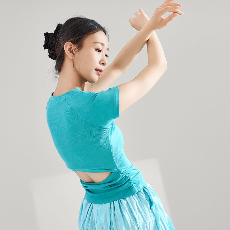 练功露背新款日常短袖舞蹈修身服成人夏季可服现代舞穿形体上衣款