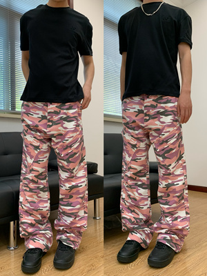 07QWER 夏季嘻哈美式粉迷彩街头直筒宽松男女工装裤小众潮做旧薄