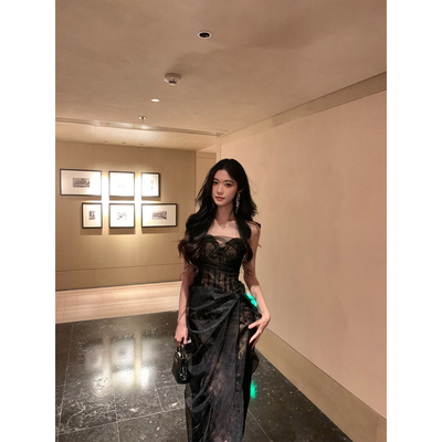 Norain不下雨黑色性感蕾丝网纱吊带连衣裙女春季新款修身礼服长裙