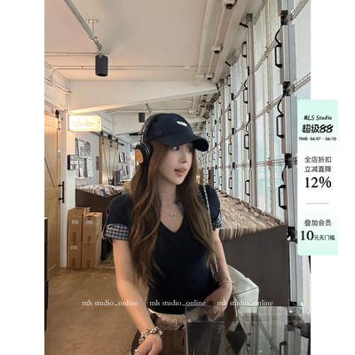 MLS 拼格航线 层次穿搭2026春夏新款上衣女复古polo领格纹拼接T恤