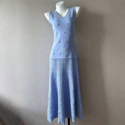 欧美钉珠百褶无袖晚装礼服