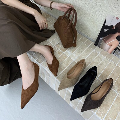 法式职业高跟鞋女绒面低跟