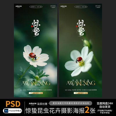 30惊蛰花卉春天节气昆虫瓢虫摄影节日海报PSD源文件宣传素材