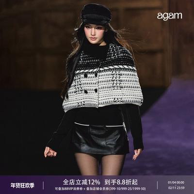 AGAM 小香风特种纱线斗篷毛针织衫圆领长袖100羊毛打底衫两件套