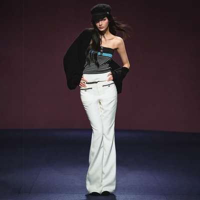 AGAM 原创中低腰细闪小香编织撞色腰带微喇长裤