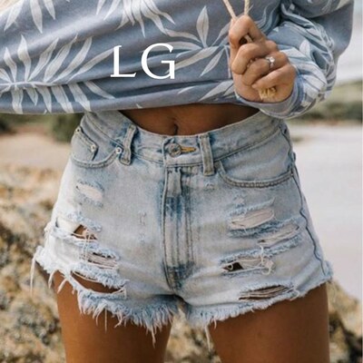 women fashion high waisted  fringed edges holes Denim shorts