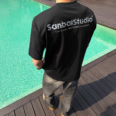 SANBAI叁佰凉感水波纹刻字短袖