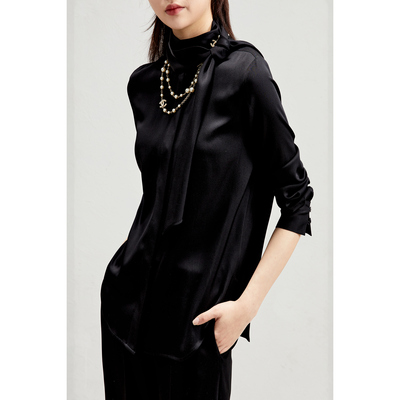 戎美【CY0222461】优雅通勤弹力真丝飘带长袖衬衫上衣女