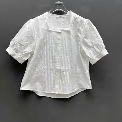 欧洲站2026春季新款时尚淑女风泡泡袖衬衫女方领压褶小众上衣5333