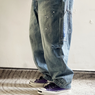 纯原日单 Liberaiders复古靛蓝水洗做旧泼墨点漆跨裆宽锥形牛仔裤