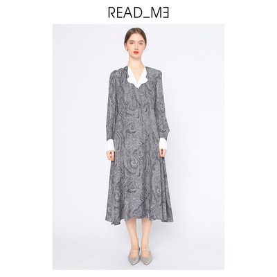 readme法式v领长款收腰连衣裙